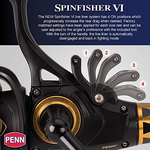 PENN Spinfisher VI Spinning Inshore Fishing Reel, HT-100 Front Drag, Max of 20lb | 9.0kg, Made with an All-Metal Reel Body and Spool Design, 4500, Black Gold