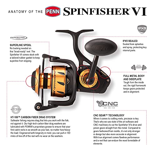 PENN Spinfisher VI Spinning Inshore Fishing Reel, HT-100 Front Drag, Max of 20lb | 9.0kg, Made with an All-Metal Reel Body and Spool Design, 4500, Black Gold