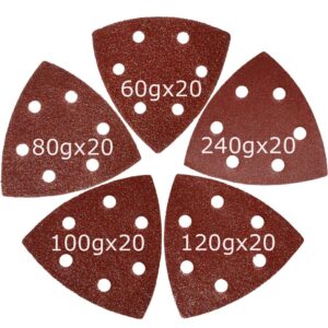 XXGO 3-1/2 Inch 90mm Triangular 60/80 /100/120 /240 Grits Hook & Loop Multitool Sandpaper Contains 20 of Each Fit 3.5 Inch Triangular Oscillating Multi Tool Sanding Pads Pack of 100 XG9010