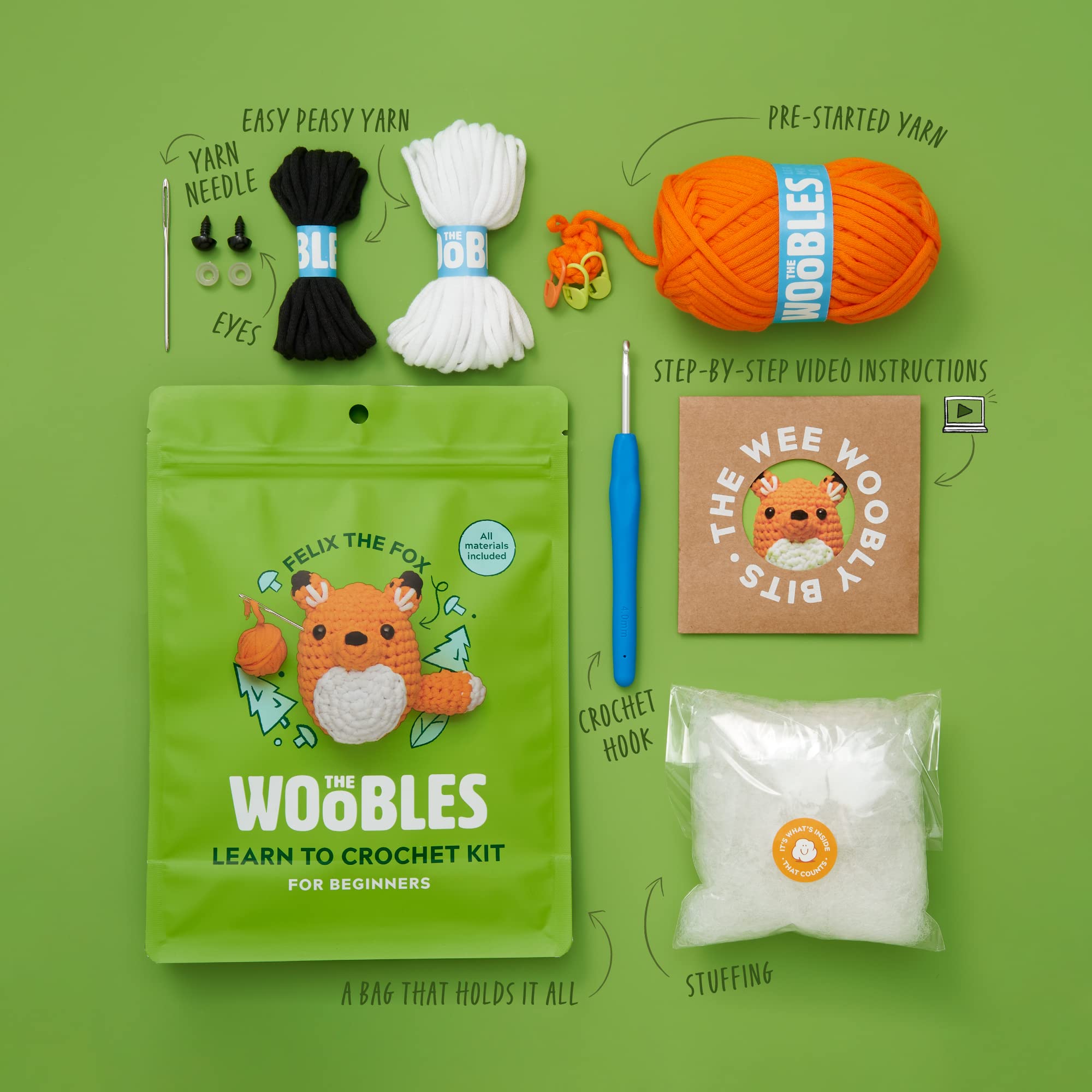 The Woobles Beginners Crochet Kit with Easy Peasy Yarn as seen on Shark Tank - with Step-by-Step Video Tutorials - Felix The Fox