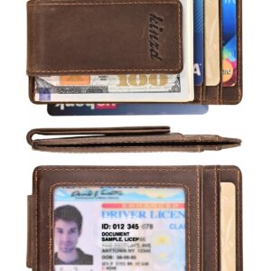 kinzd Money Clip, Front Pocket Wallet, Leather RFID Blocking Strong Magnet thin Wallet (Crazy Horse dark brown)