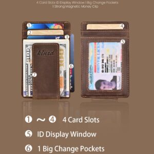 kinzd Money Clip, Front Pocket Wallet, Leather RFID Blocking Strong Magnet thin Wallet (Crazy Horse dark brown)