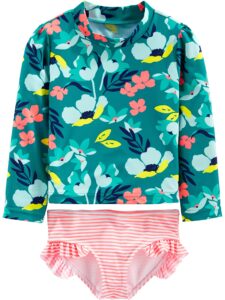 simple joys by carter's girls' 2-piece assorted rashguard sets, green floral/pink stripe, 24 months