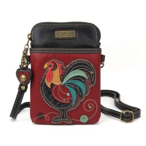 chala cell phone crossbody purse-women pu leather/canvas multicolor handbag with adjustable strap - rooster - burgundy