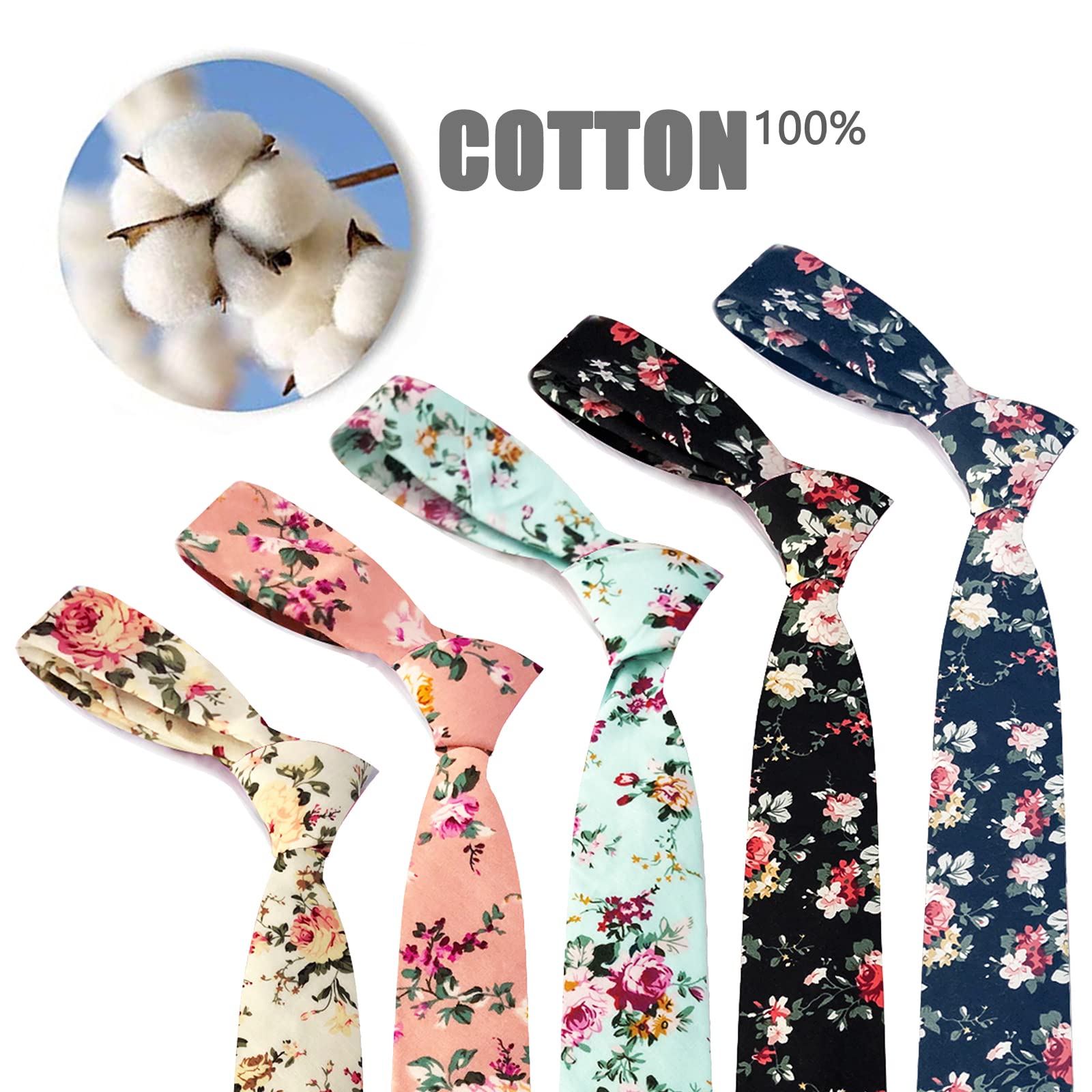 SUNOVELTIES Men's Floral Ties, Cotton Flower Print Skinny Tie Set (5 Pack)