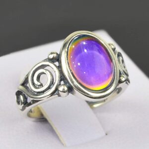 FUN JEWELS 925 Sterling Silver Multi Color Change Oval Stone Mood Ring With Intricate Design Size Adjustable Gift for Women