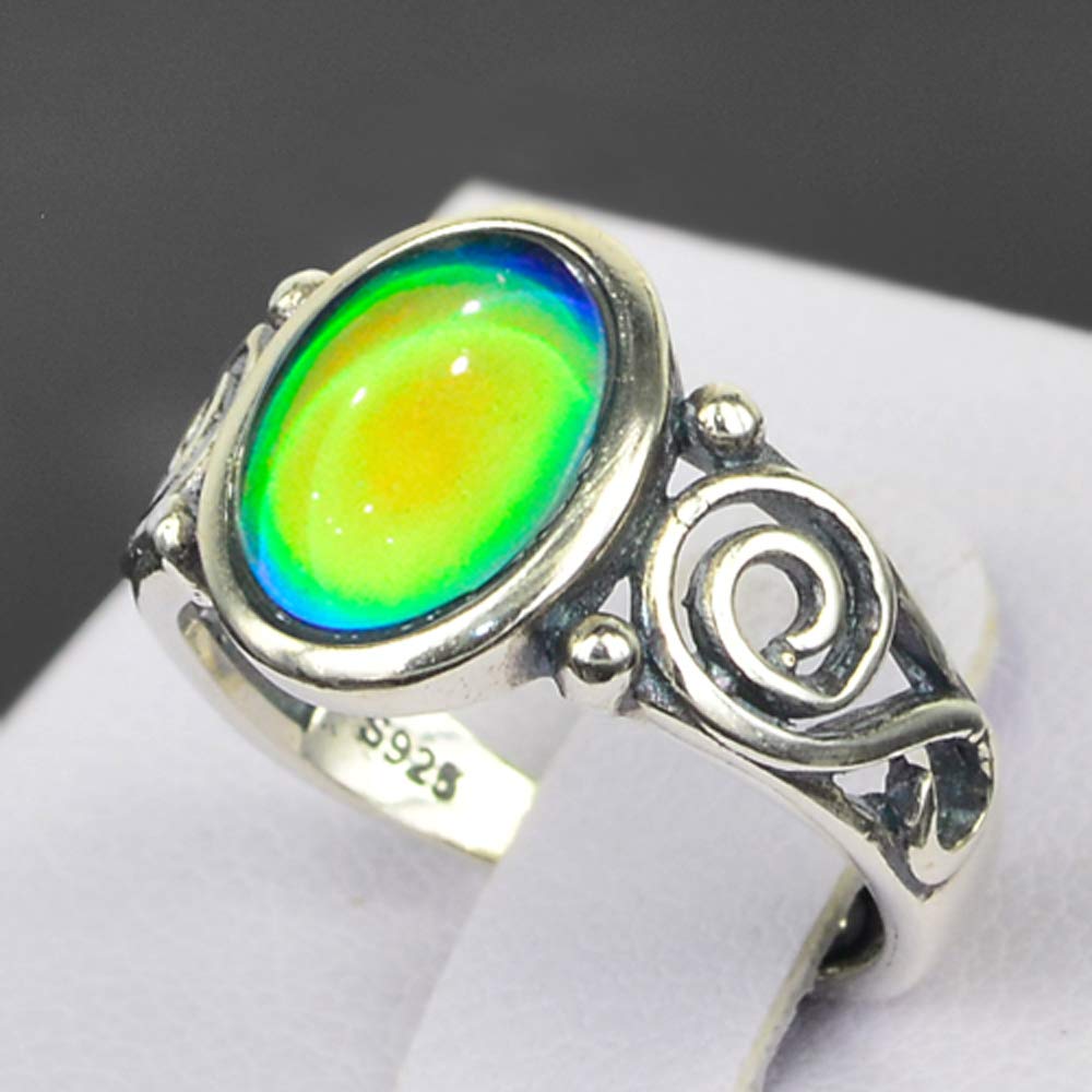 FUN JEWELS 925 Sterling Silver Multi Color Change Oval Stone Mood Ring With Intricate Design Size Adjustable Gift for Women