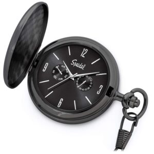 speidel classic brushed satin black pocket watch with 14" chain, black dial, seconds hand, day and date sub-dials