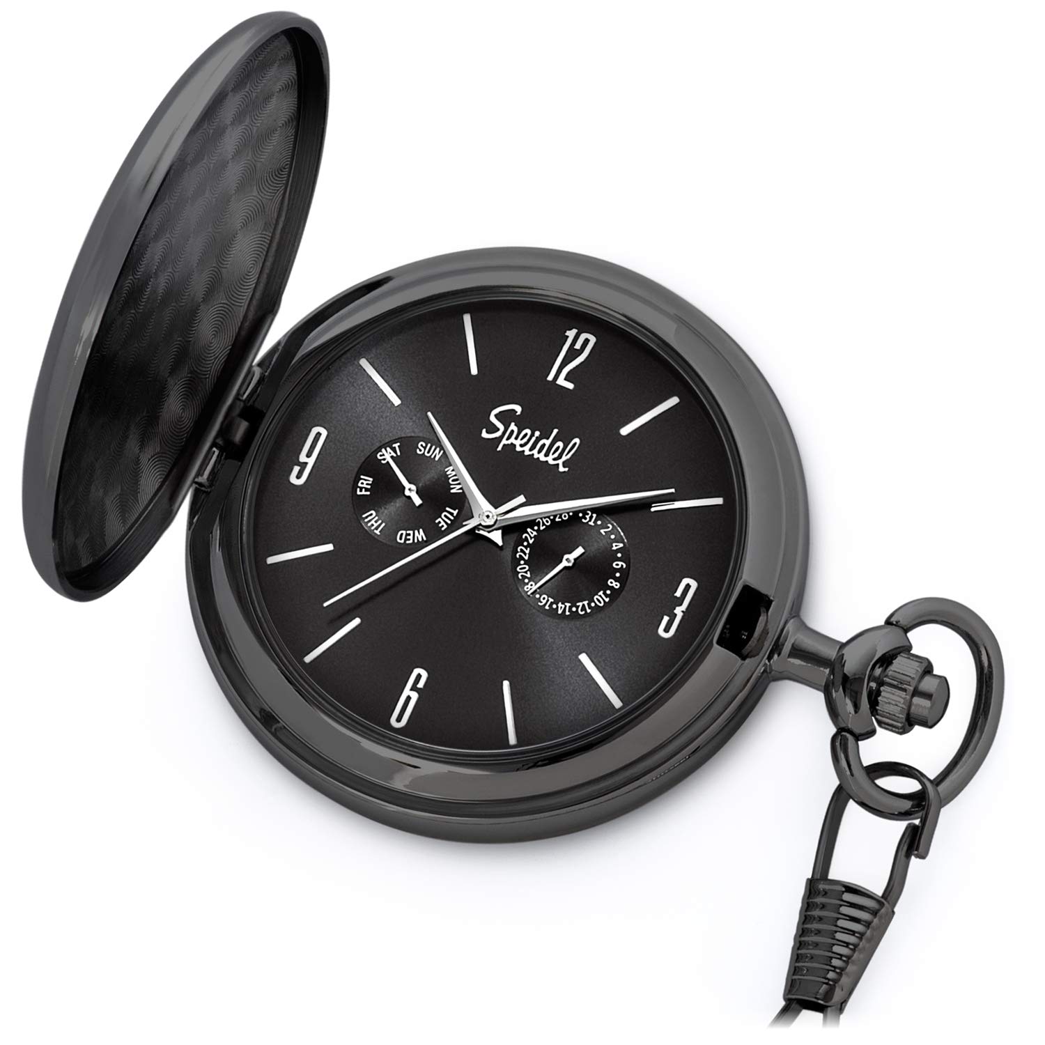 Speidel Classic Brushed Satin Black Pocket Watch with 14" Chain, Black Dial, Seconds Hand, Day and Date Sub-Dials