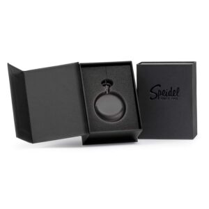 Speidel Classic Brushed Satin Black Pocket Watch with 14" Chain, Black Dial, Seconds Hand, Day and Date Sub-Dials