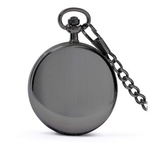 Speidel Classic Brushed Satin Black Pocket Watch with 14" Chain, Black Dial, Seconds Hand, Day and Date Sub-Dials