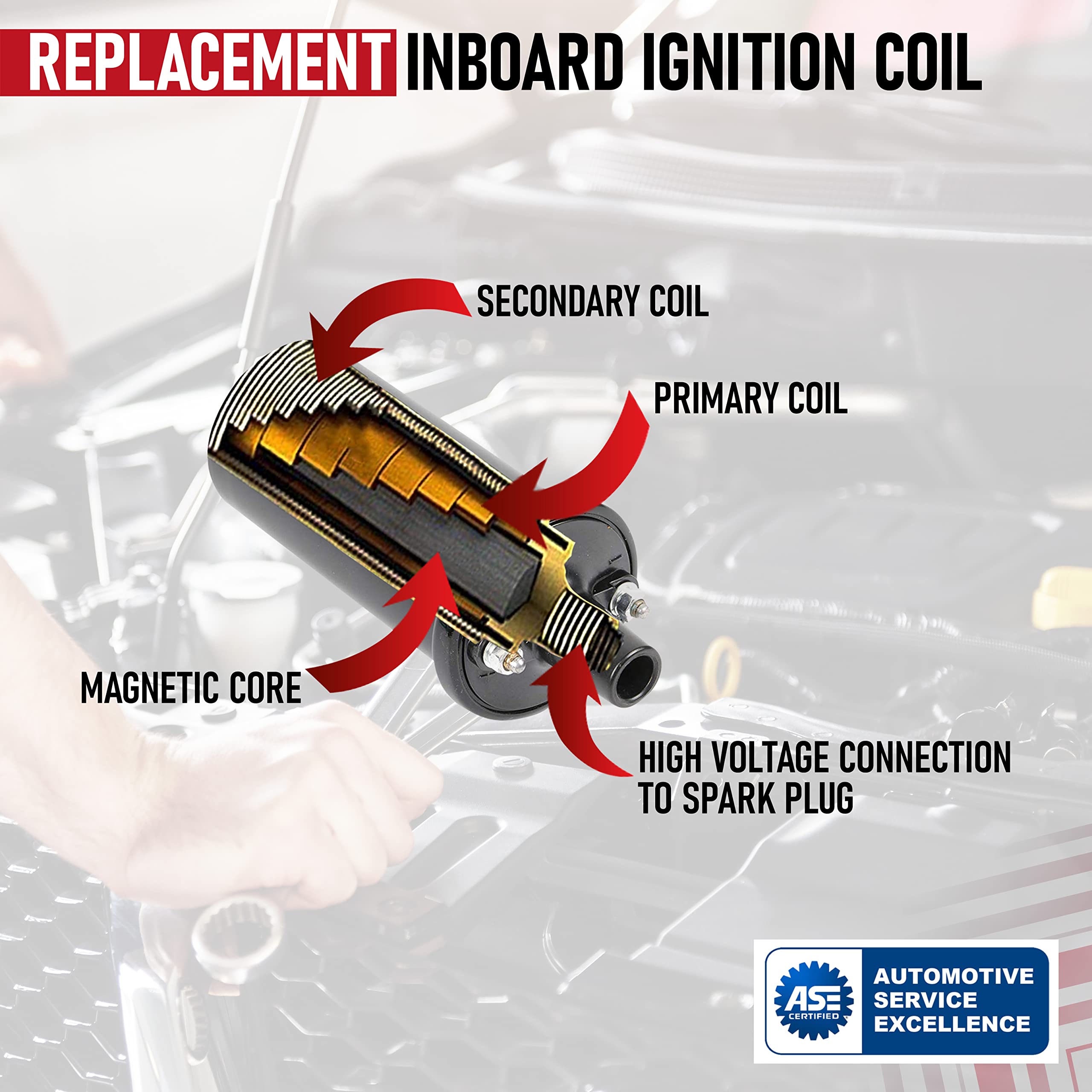 Replacement Inboard Ignition Coil - Compatible with MerCruiser Thunderbolt IV and V Ignition Systems with HEI - Replaces 18-5438, 392-805570A2, 392-7803A4, 392-805570A1, 72115, 40511