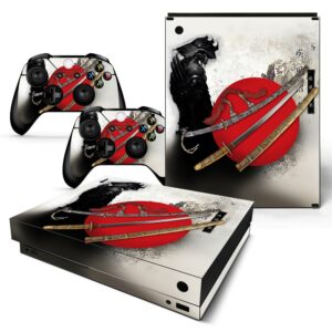 zoomhitskins compatible for xbox one x skin, xbox one x controller skin and console skin, red asia anime black samurai warrior japan katana, durable & fit, 3m vinyl, easy to install, precise cut-outs