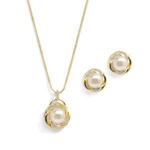 mariell freshwater pearl gold wedding necklace earrings set for brides, bridesmaids, birthday gift