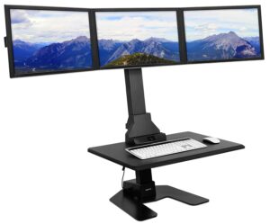 mount-it! triple monitor electric standing desk converter - 3 screens stand up desk riser - height adjustable desktop & 3 mounts for screens up to 32", sit-stand convertor for home, office, school