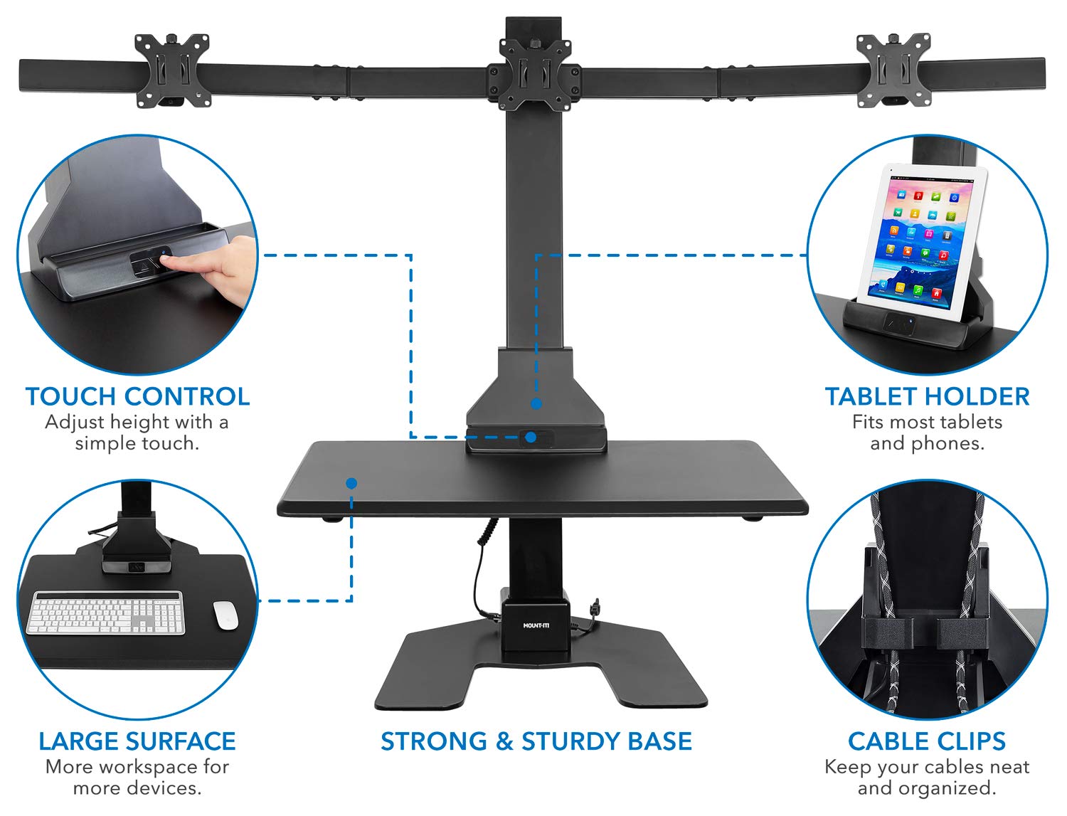 Mount-It! Triple Monitor Electric Standing Desk Converter - 3 Screens Stand Up Desk Riser - Height Adjustable Desktop & 3 Mounts for Screens up to 32", Sit-Stand Convertor for Home, Office, School