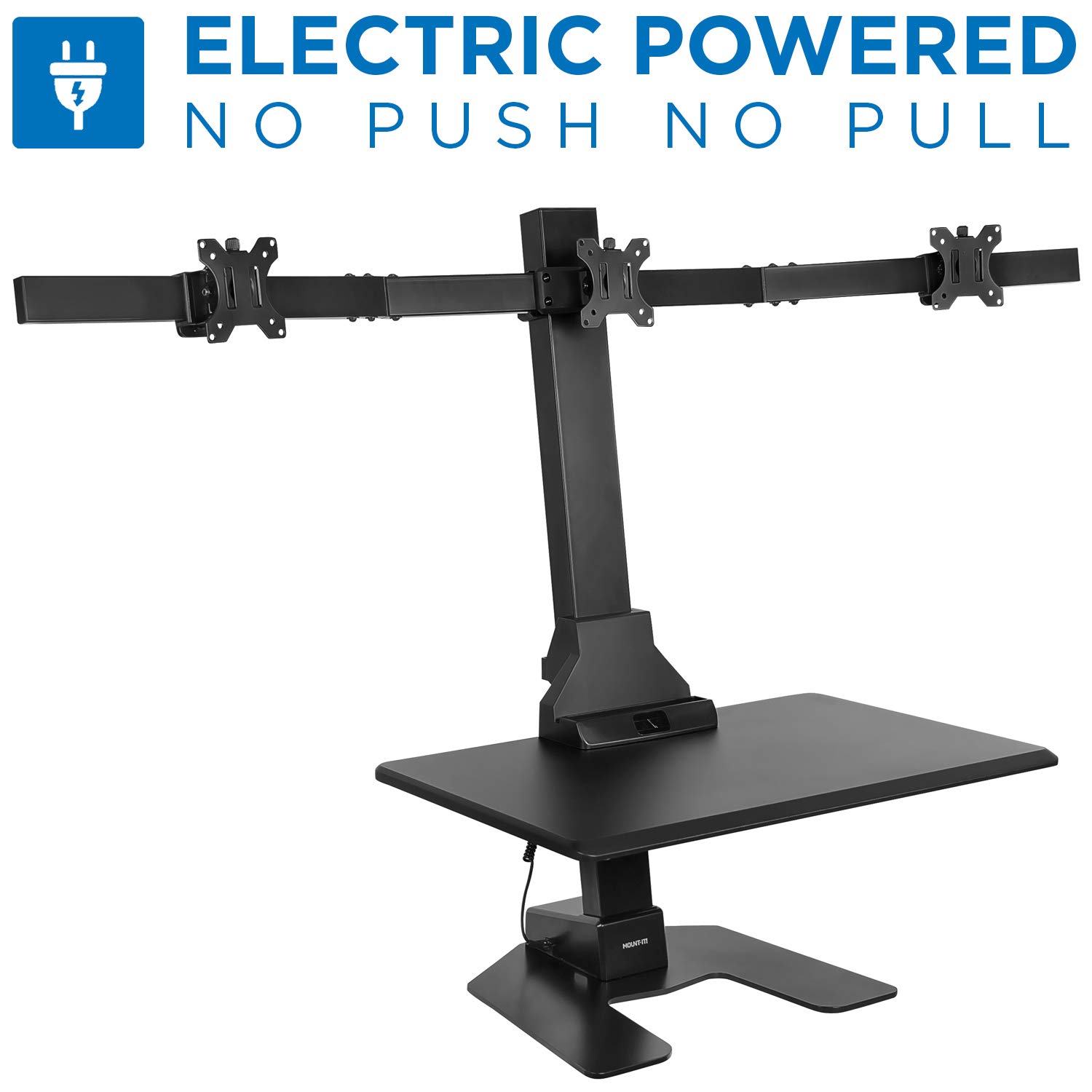 Mount-It! Triple Monitor Electric Standing Desk Converter - 3 Screens Stand Up Desk Riser - Height Adjustable Desktop & 3 Mounts for Screens up to 32", Sit-Stand Convertor for Home, Office, School