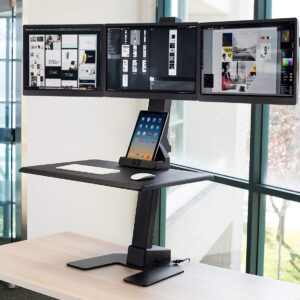 Mount-It! Triple Monitor Electric Standing Desk Converter - 3 Screens Stand Up Desk Riser - Height Adjustable Desktop & 3 Mounts for Screens up to 32", Sit-Stand Convertor for Home, Office, School