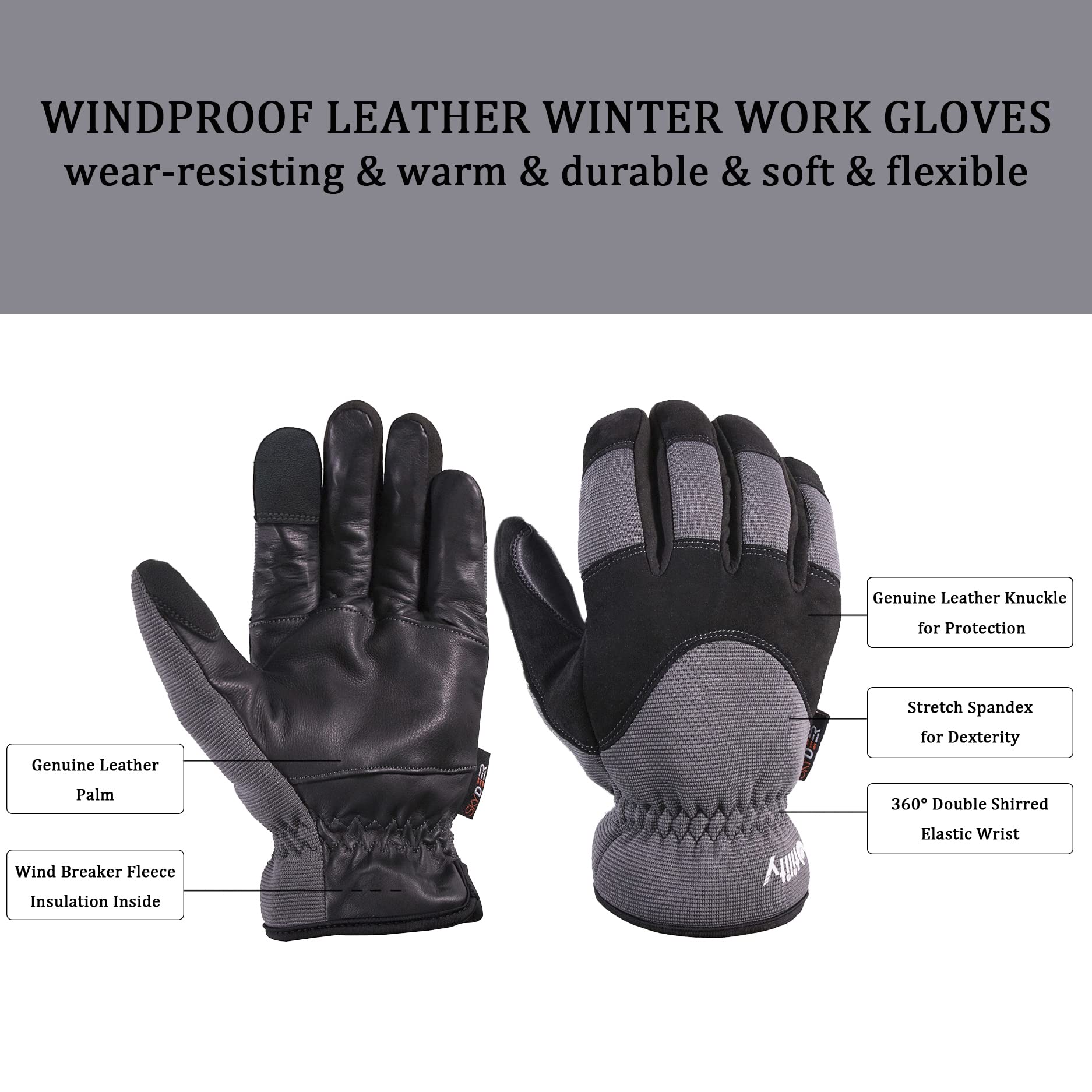 SKYDEER Winter Leather Work Gloves, Warm Fleece Insulation Lining for Cold Weather Work, Water Resistance, Thermal Insulated Gloves (SD2240T/XL)