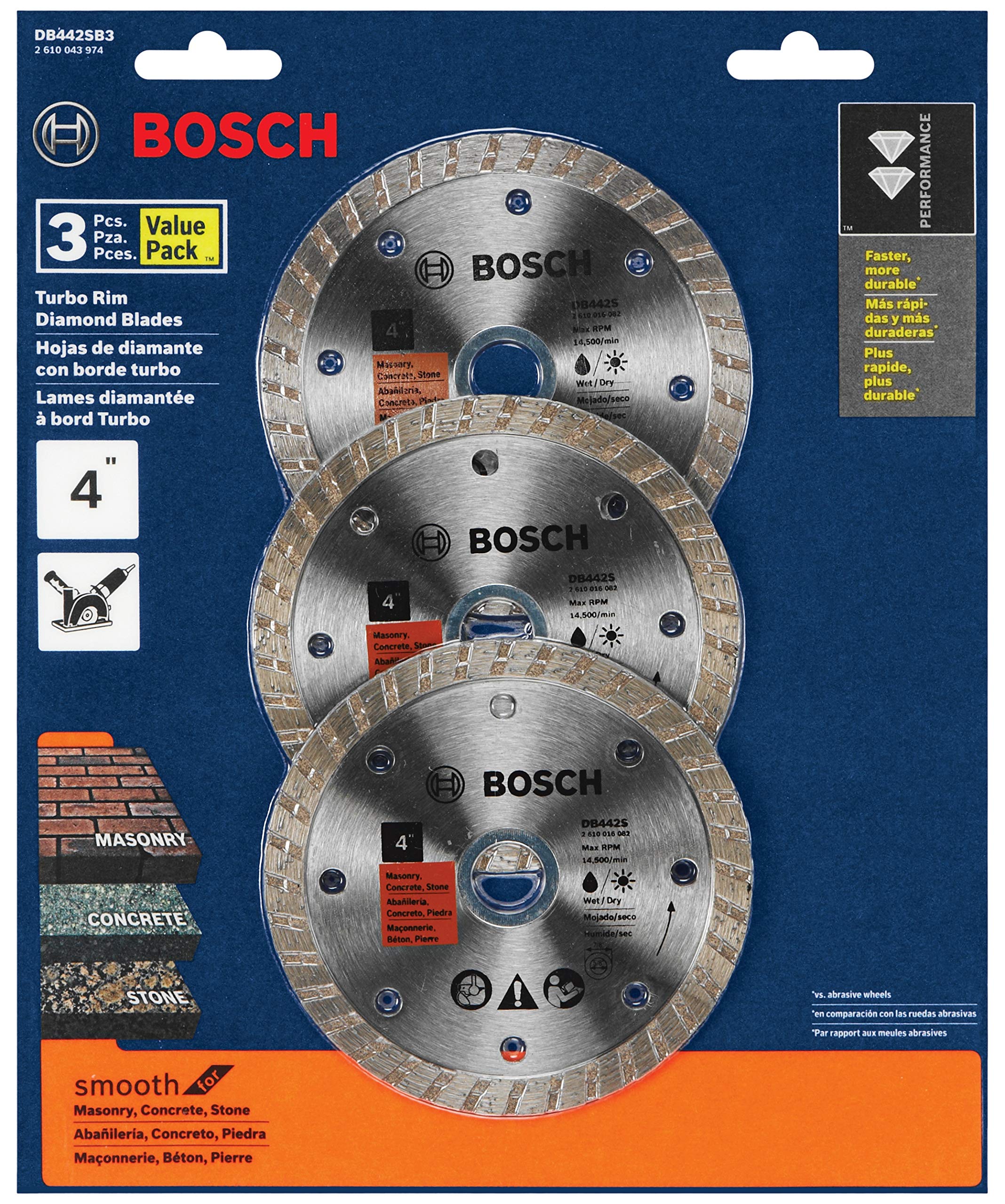 Bosch DB442SB3 3 pc. 4 In. Standard Turbo Rim Diamond Blades for Smooth Cuts