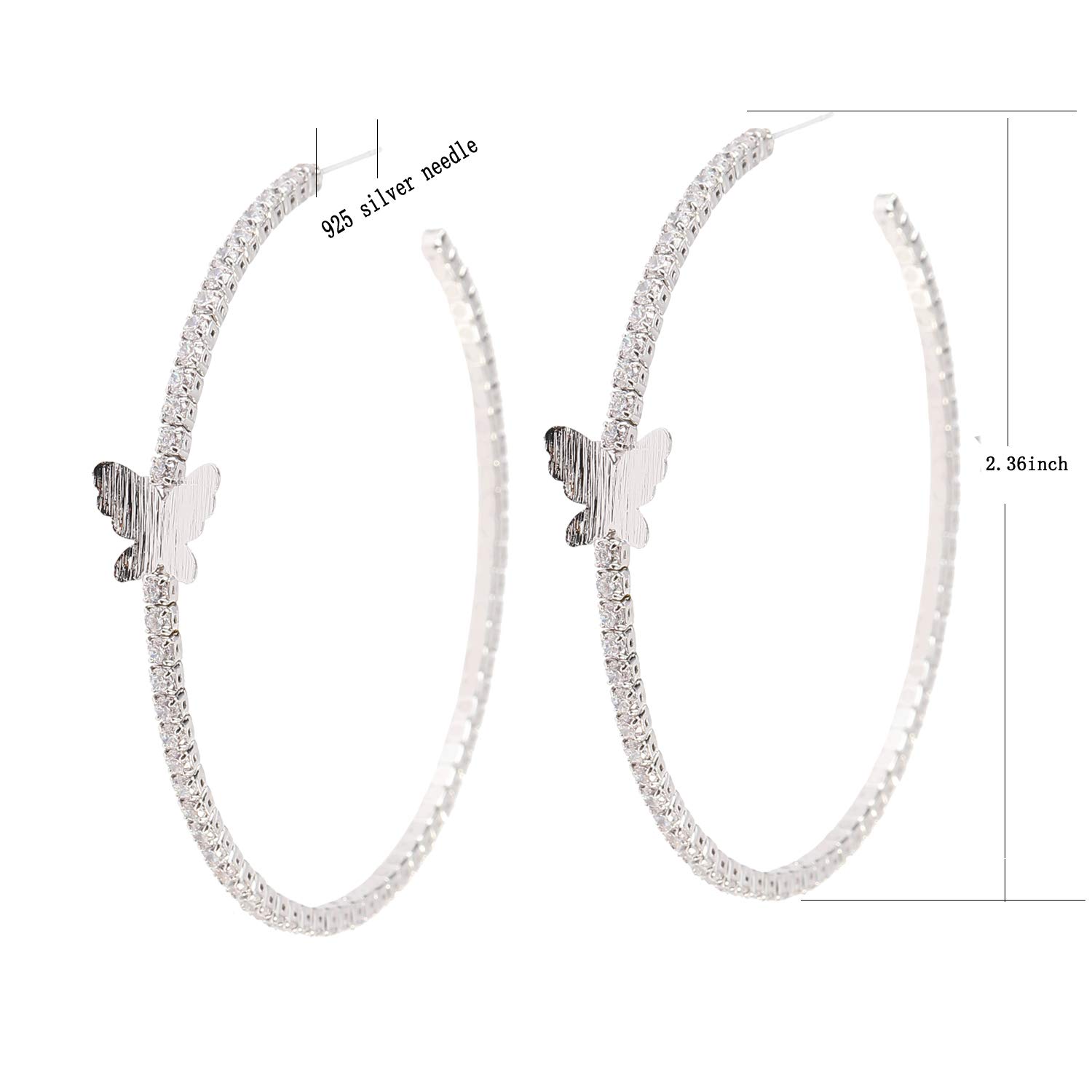 YILIBAO Silver Large Hoop Earrings Round Circle Cubic Zirconia Loop Earrings for Women (Butterfly White Gold)