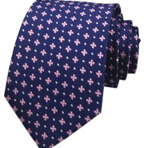 Elfeves Men's Navy Blue Pink Floral Wholesale Groomsman Silk Ties Wedding Casual Necktie