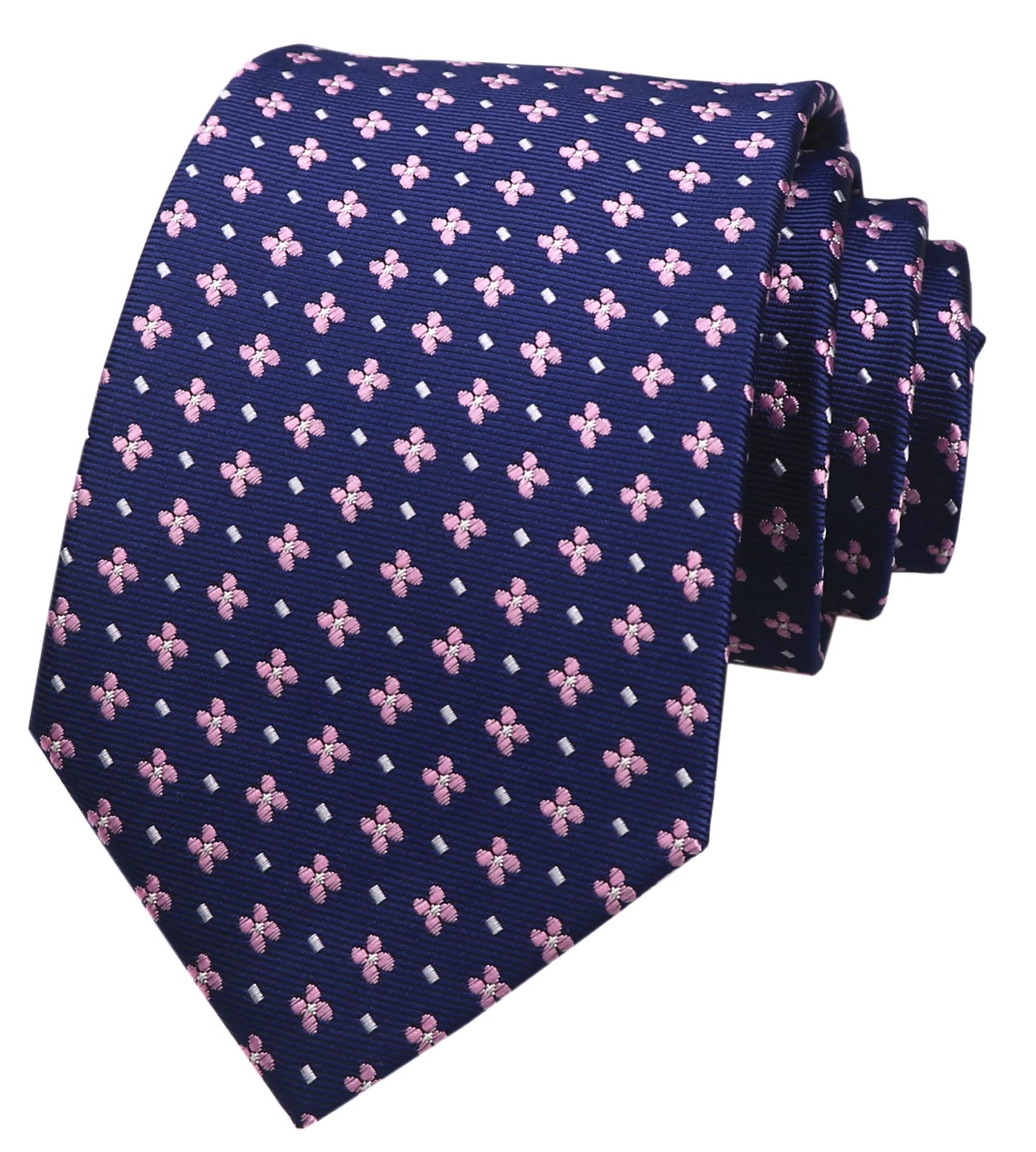 Elfeves Men's Navy Blue Pink Floral Wholesale Groomsman Silk Ties Wedding Casual Necktie