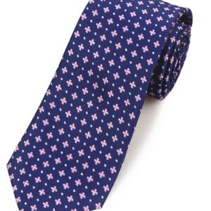 Elfeves Men's Navy Blue Pink Floral Wholesale Groomsman Silk Ties Wedding Casual Necktie