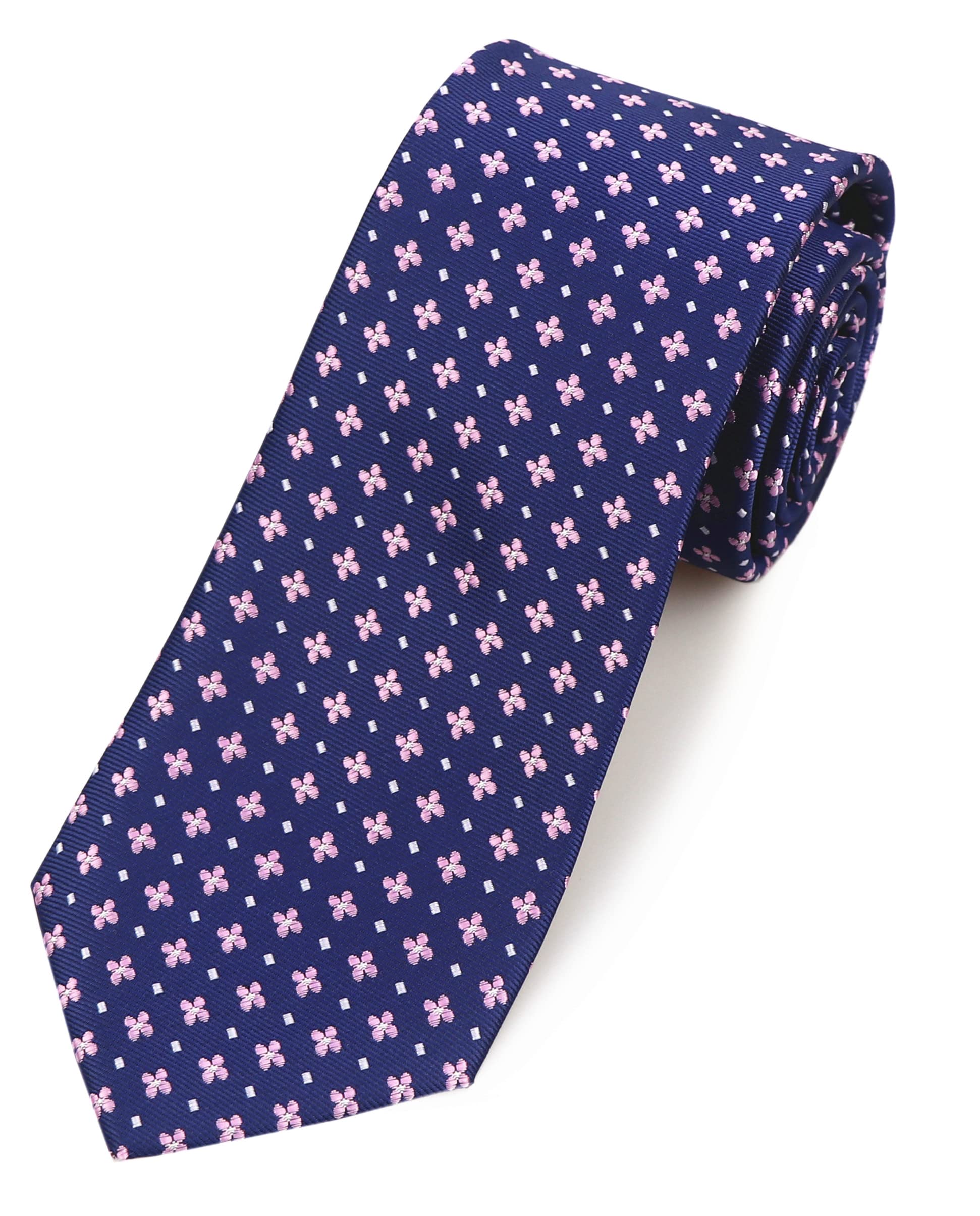 Elfeves Men's Navy Blue Pink Floral Wholesale Groomsman Silk Ties Wedding Casual Necktie