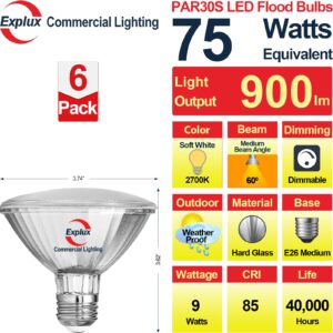 Explux Commercial-grade LED PAR30 Short Neck Flood Light Bulbs, 75W Equivalent, 40000 Hours, Dimmable, Full-glass Waterproof & Anti-Ageing, Soft White 2700K, 6-Pack