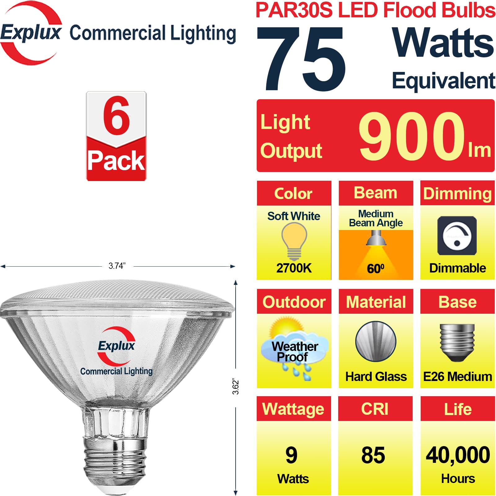 Explux Commercial-grade LED PAR30 Short Neck Flood Light Bulbs, 75W Equivalent, 40000 Hours, Dimmable, Full-glass Waterproof & Anti-Ageing, Soft White 2700K, 6-Pack