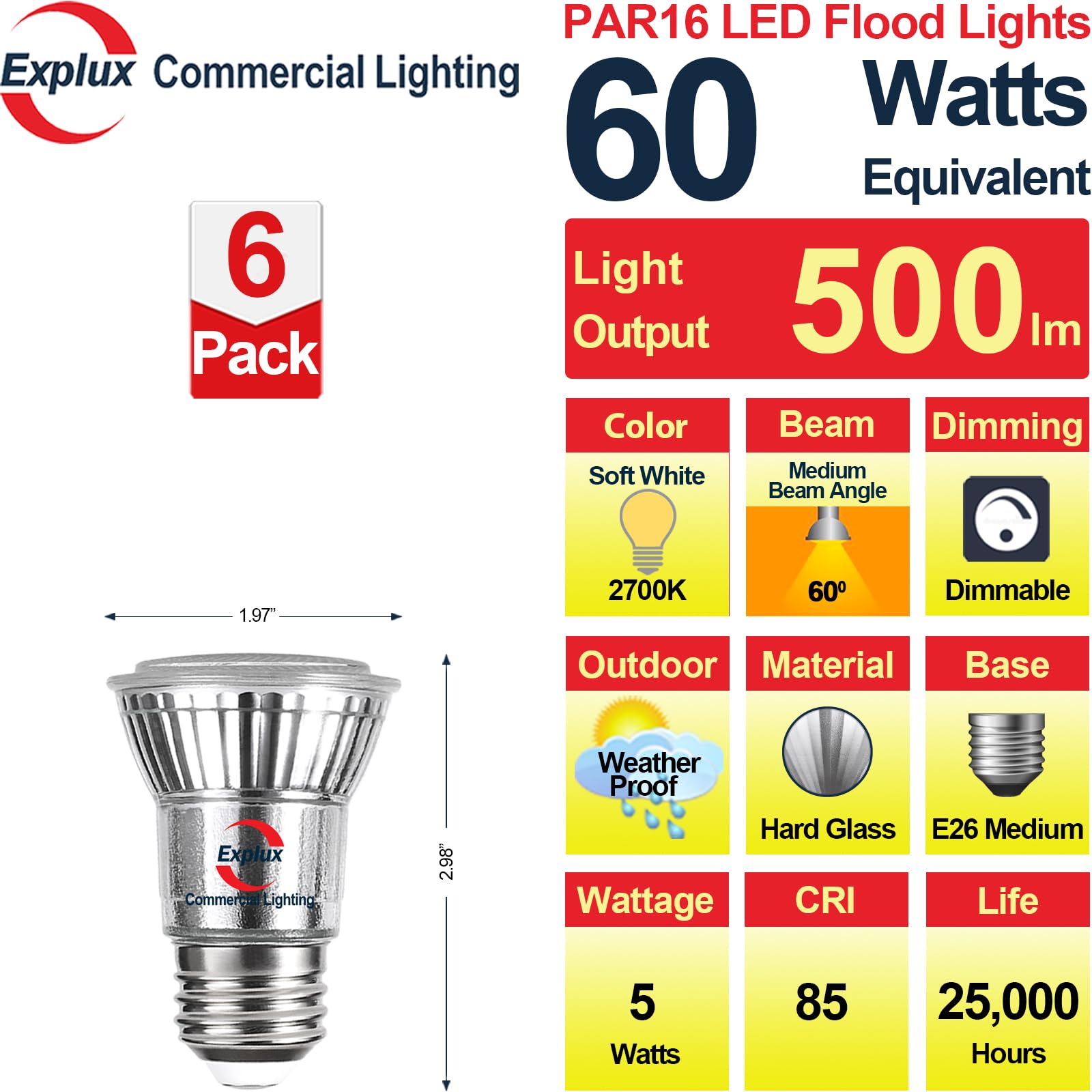 Explux LED PAR16 Long Neck Spotlight Bulbs, Dimmable, 60W Equivalent 500 Lumens, Classic Full Glass, 2700K Soft White, 6-Pack