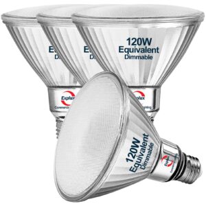 explux commercial-grade led par38, 120w equivalent, 1500 lumens, 40000 hours, classic full glass flood light bulbs, dimmable, waterproof & anti-ageing, daylight 5000k spotlight, 4-pack