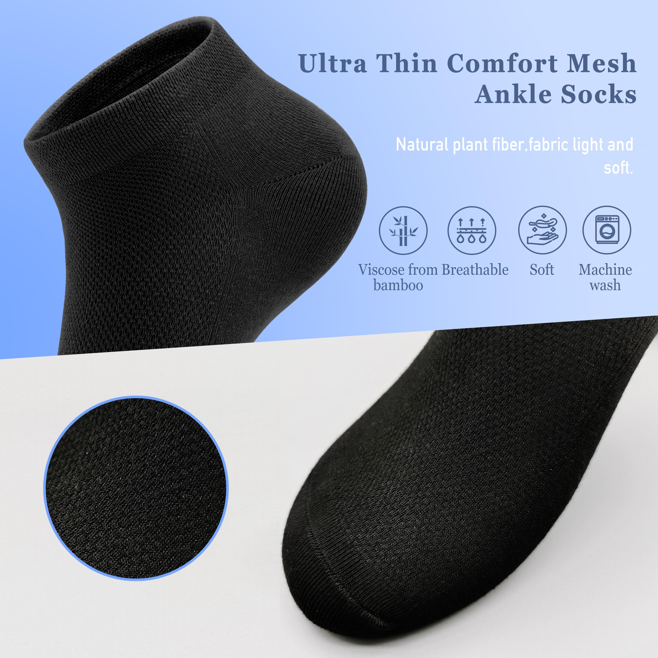 Women Ankle Soft Ultra Thin Mesh Beathable Viscose Bamboo Anti Odor Summer Cool Socks Low Cut Sock 5 Pairs,4-8/9-11 (Black, Medium)