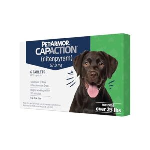 petarmor capaction (nitenpyram) oral flea treatment for dogs, fast acting tablets start killing fleas in 30 minutes, dogs over 25 lbs, 6 doses (pack of 1) (packaging may vary)