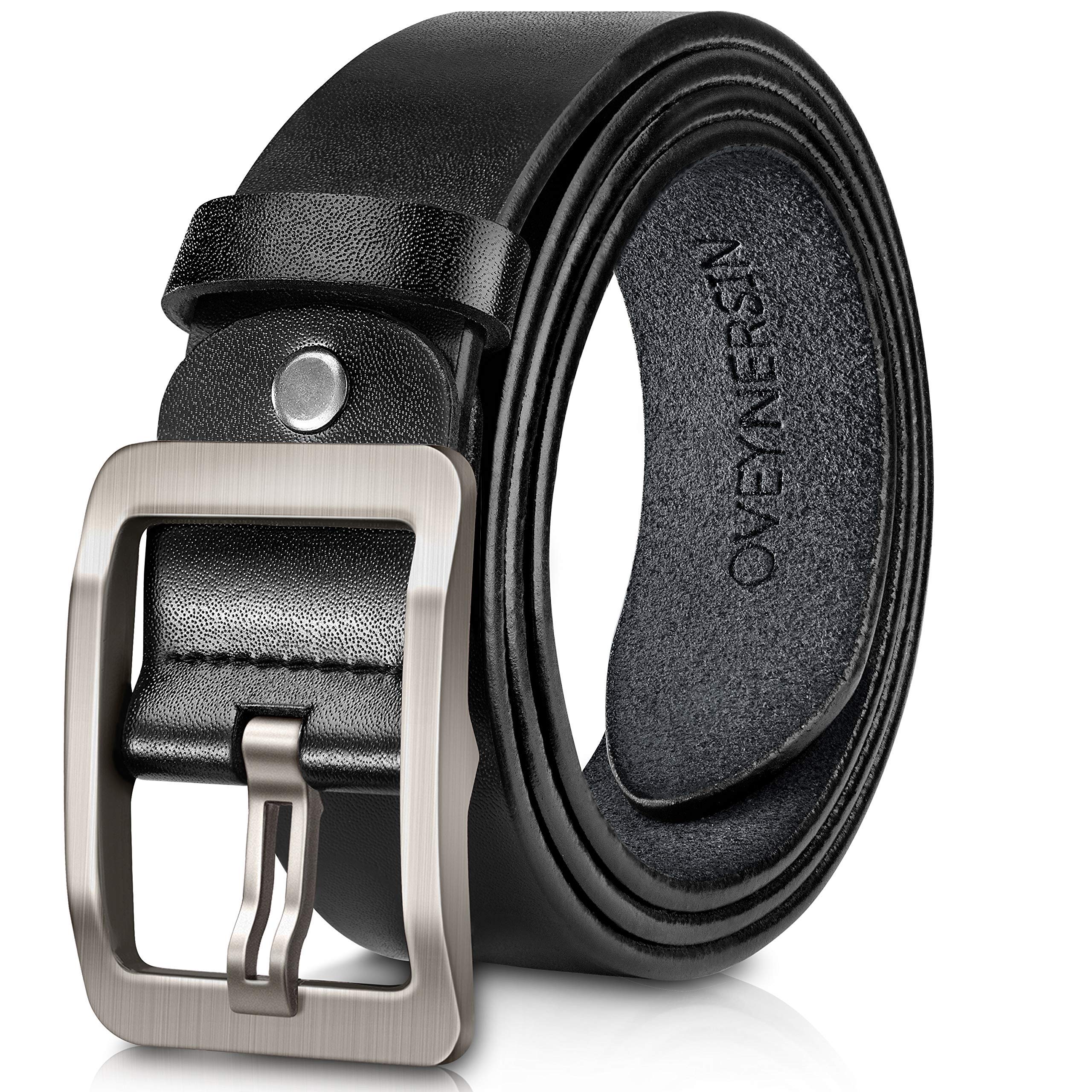 OVEYNERSIN Men Belt - 100% Genuine Leather casual Dress Belts Big Metal Buckle Adjustable Size designer Fashion Gifts (Black, waist size 33"-40"(83-101cm))