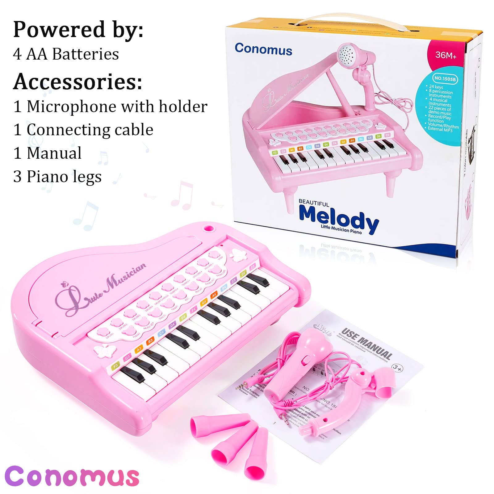 Conomus Piano Keyboard Toy for Girls-1 2 3 Year Old Girls First Birthday Gift -24 Keys Toddler Piano Multifunctional Musical Electronic Toy