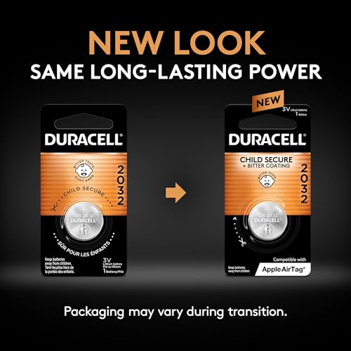 Duracell 2032 Lithium Battery. 1 Count Pack. Child Safety Features. Compatible with Apple AirTag, Key Fob, and other devices. CR2032 Battery Lithium Coin Battery. CR Lithium 3V Cell