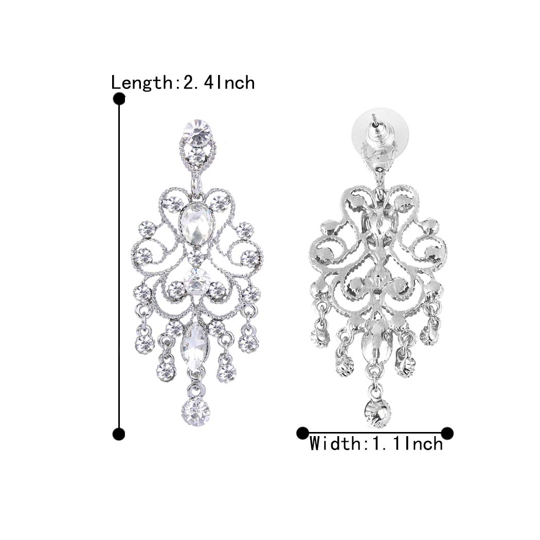 BriLove Wedding Bridal Dangle Earrings for Women Vintage Style Crystal Drop Hollow Filigree Chandelier Dangle Earrings Clear Silver-Tone