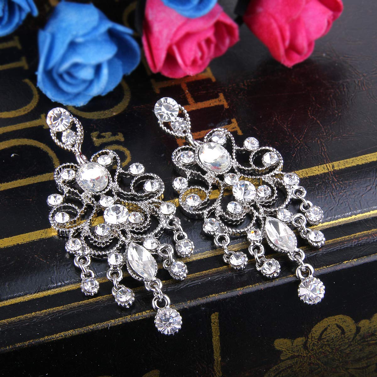 BriLove Wedding Bridal Dangle Earrings for Women Vintage Style Crystal Drop Hollow Filigree Chandelier Dangle Earrings Clear Silver-Tone