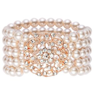 babeyond 1920s flapper imitation pearl bracelet great gatsby elastic pearl bracelet roaring 20s accessories jewelry 5 rows (style 2-rose gold)