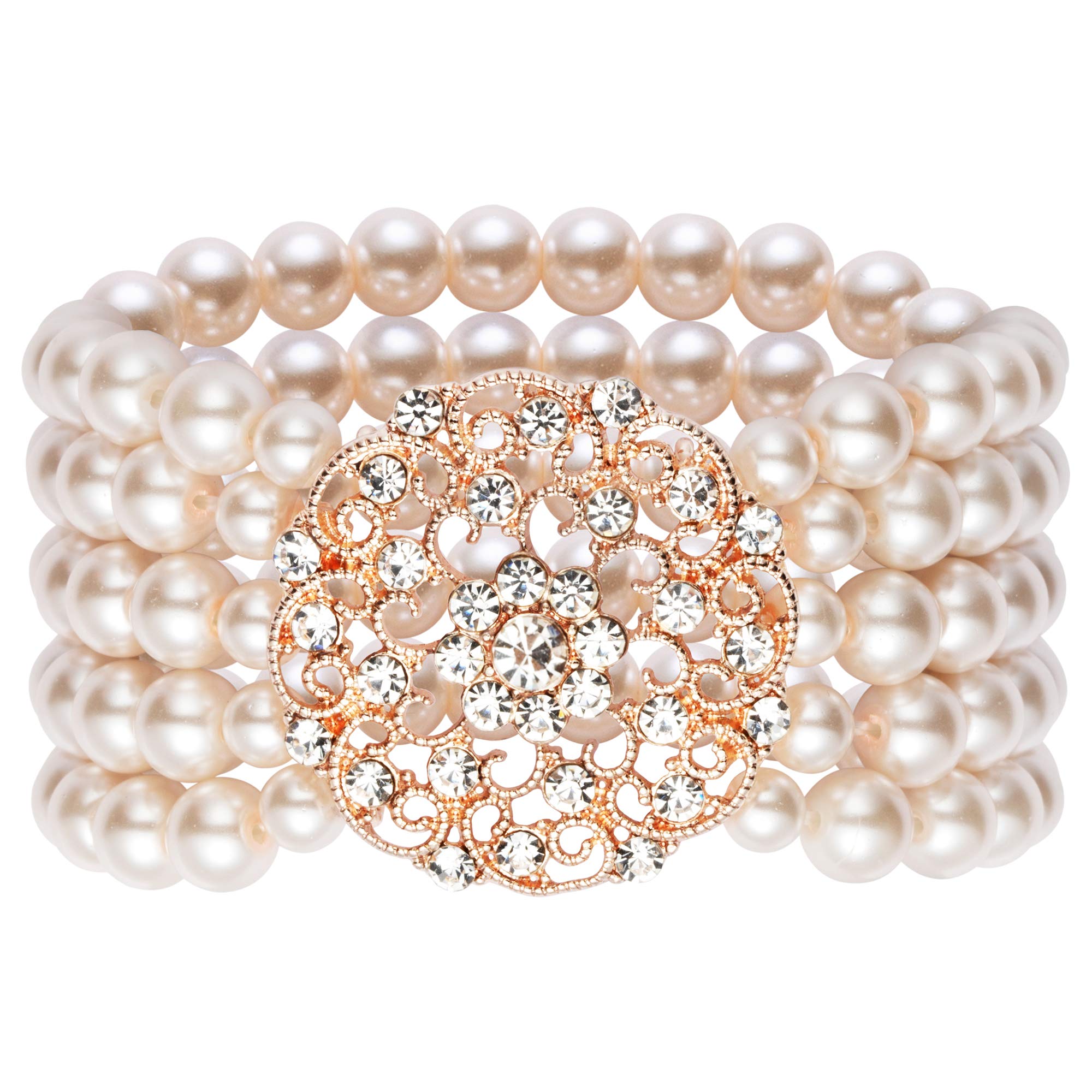 BABEYOND 1920s Flapper Imitation Pearl Bracelet Great Gatsby Elastic Pearl Bracelet Roaring 20s Accessories Jewelry 5 Rows (Style 2-Rose Gold)