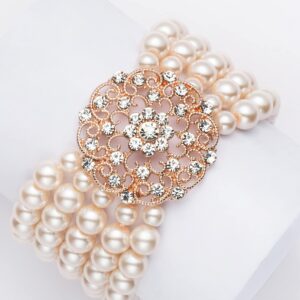 BABEYOND 1920s Flapper Imitation Pearl Bracelet Great Gatsby Elastic Pearl Bracelet Roaring 20s Accessories Jewelry 5 Rows (Style 2-Rose Gold)