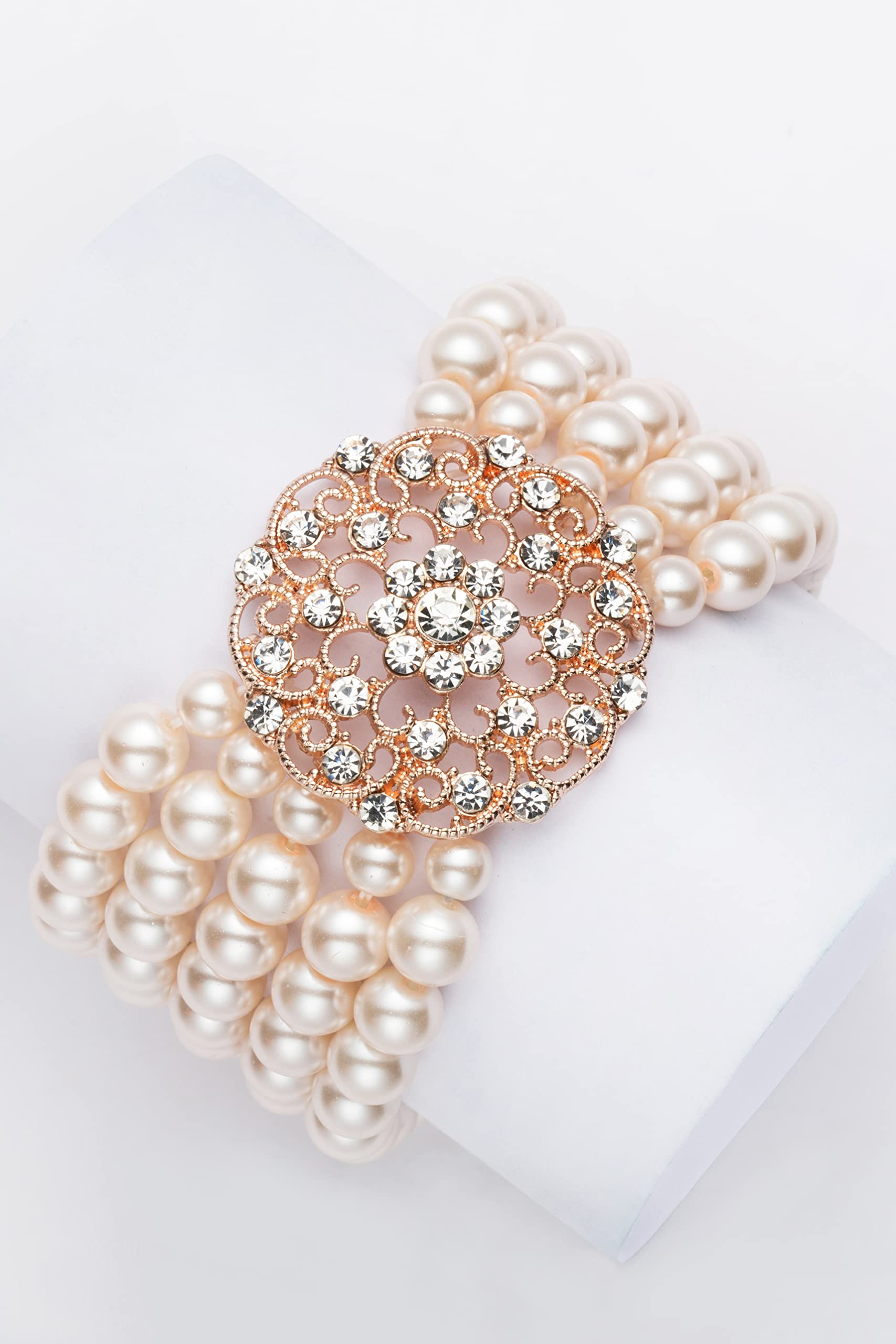 BABEYOND 1920s Flapper Imitation Pearl Bracelet Great Gatsby Elastic Pearl Bracelet Roaring 20s Accessories Jewelry 5 Rows (Style 2-Rose Gold)