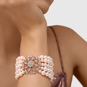 BABEYOND 1920s Flapper Imitation Pearl Bracelet Great Gatsby Elastic Pearl Bracelet Roaring 20s Accessories Jewelry 5 Rows (Style 2-Rose Gold)