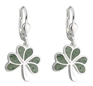 biddy murphy, classic irish shamrock sterling silver earrings for women, elegant green connemara marble inlay stone detailing, three leaf clover celtic jewelry, made in ireland