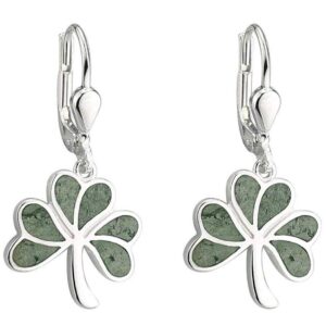 Biddy Murphy, Classic Irish Shamrock Sterling Silver Earrings for Women, Elegant Green Connemara Marble Inlay Stone Detailing, Three Leaf Clover Celtic Jewelry, Made in Ireland