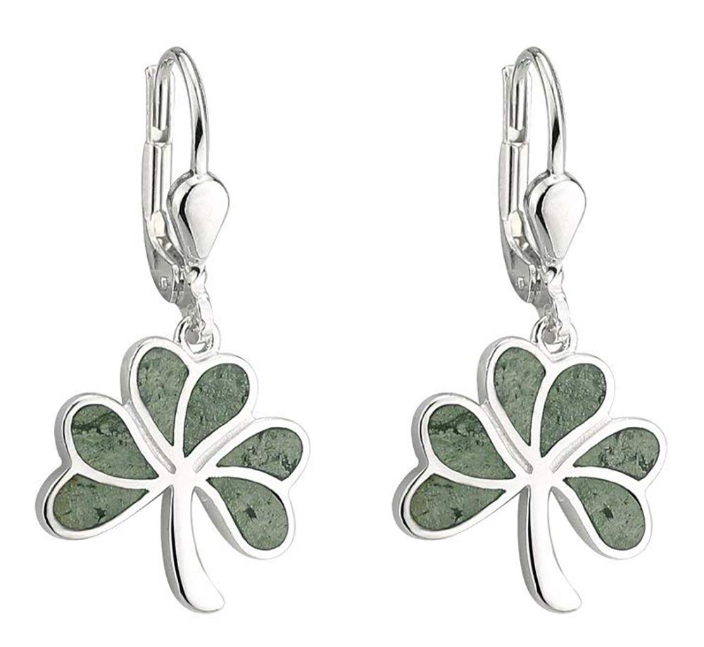 Biddy Murphy, Classic Irish Shamrock Sterling Silver Earrings for Women, Elegant Green Connemara Marble Inlay Stone Detailing, Three Leaf Clover Celtic Jewelry, Made in Ireland