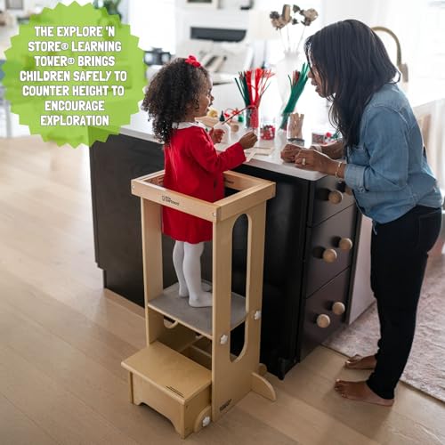 Little Partners Learning Tower Toddler Tower Foldable Step, Explore 'N Store Folding Toddler Tower Montessori Kitchen Tower for Cooking, 22.28" L x 19.56" W x 33.50" H, Ages 2 to 6 (Natural)