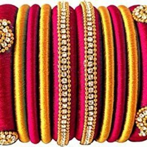 Silk Thread Designer Bangles in Pink & Gold Combination - 2.8